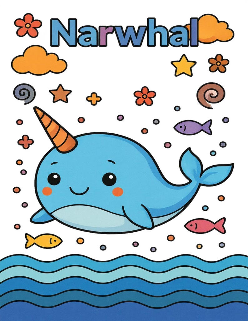 Narwhal Coloring Page for Kids | Cute Ocean Animal Printable | Instant ...