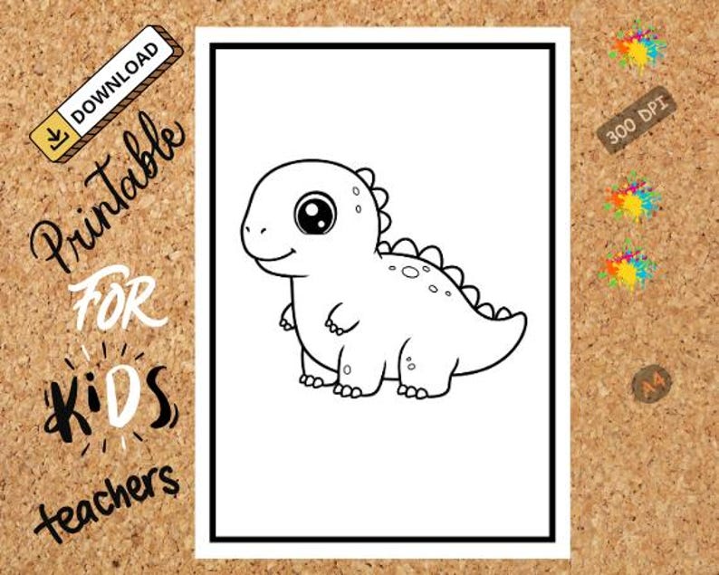 Cute Dinosaur Art, Kids Coloring Page, Instant PDF Download, Easy ...