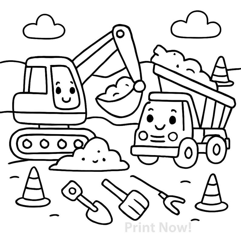 Construction Trucks Coloring Page: Printable Vehicles PDF Kids Activity ...