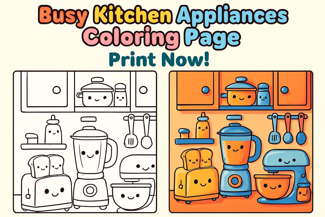 Kawaii Kitchen Coloring Page: Kids' Appliance Art (PDF & PNG Download ...