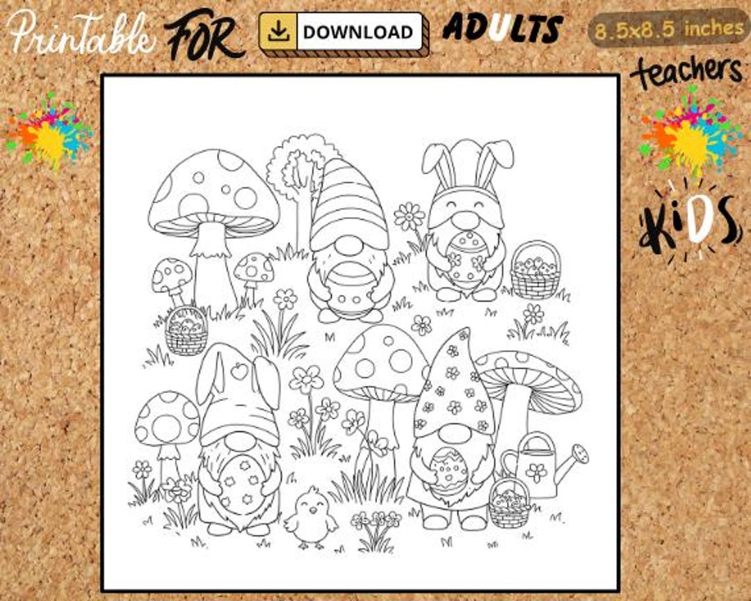 Easter Gnome Coloring Page: Spring Florals, Bunny Ears (PDF Download 8 ...