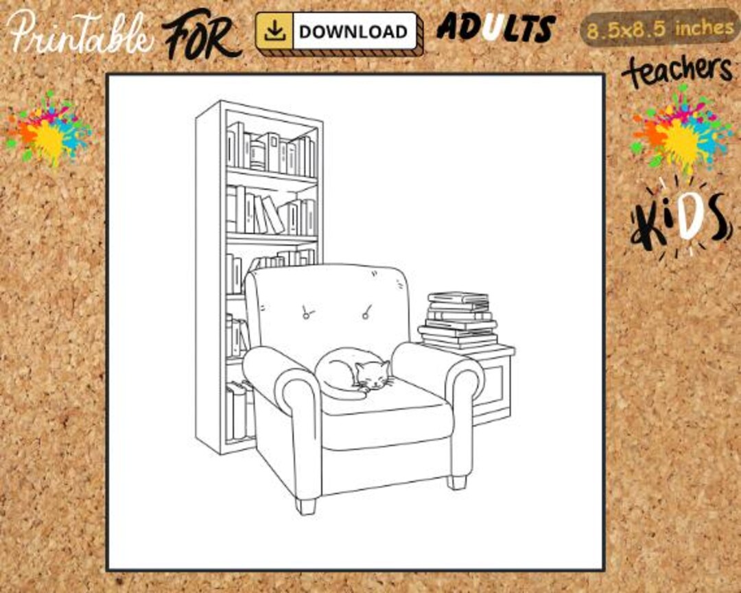 Cozy Reading Nook Coloring Page: Bookshelf, Cat, Chair (8.5x8.5 Inches ...