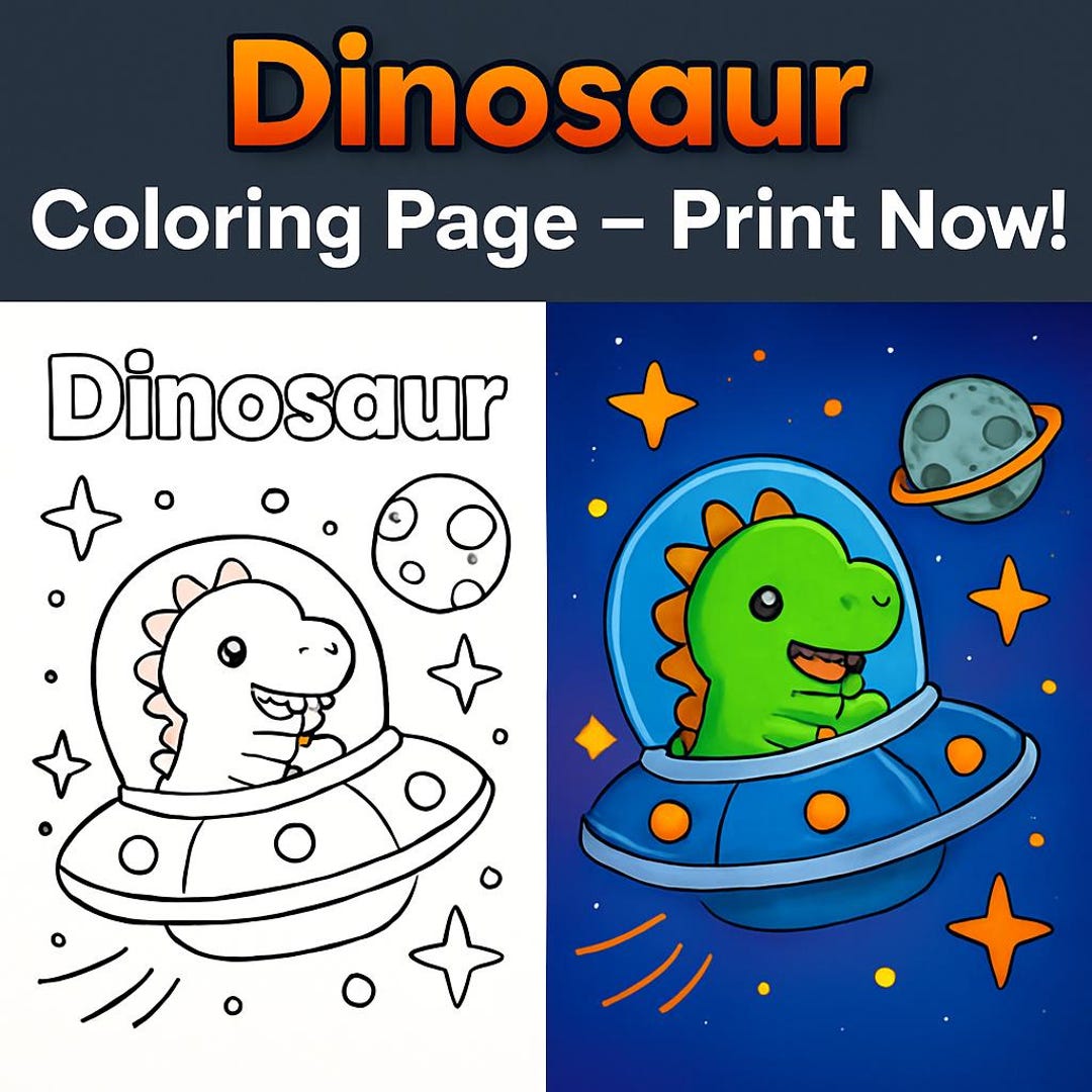 Dinosaur Coloring Page: Space Dino Printable for Kids (PDF Download, 2 ...