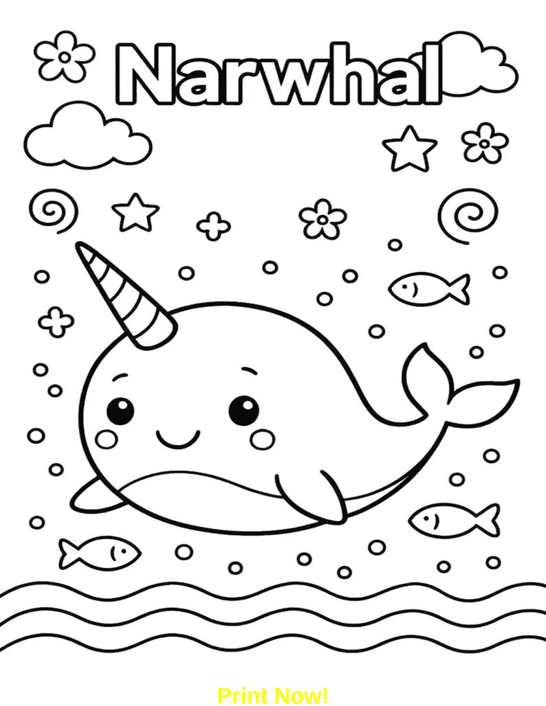 Narwhal Coloring Page for Kids | Cute Ocean Animal Printable | Instant ...
