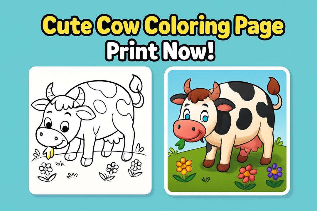 Cute Cow in the Meadow Coloring Page for Kids - Instant Download ...