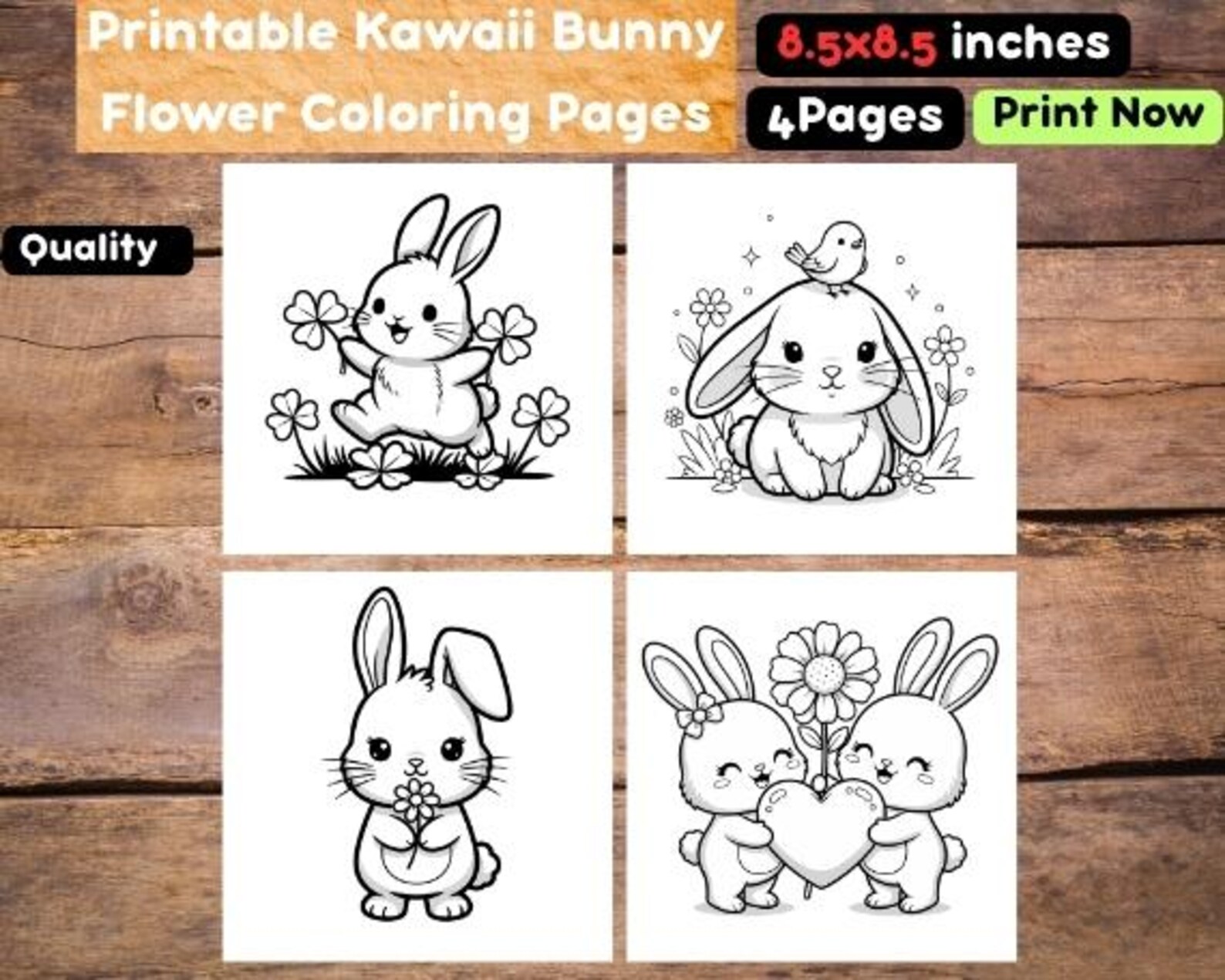 Kawaii Bunny Coloring Pages | Floral Rabbit Designs (PDF Download) - Etsy