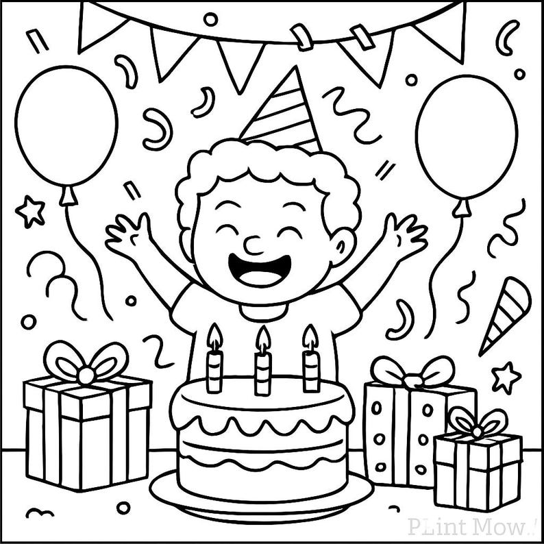 Birthday Coloring Page for Kids: Party Activity (PDF Download 8.5x8.5 ...