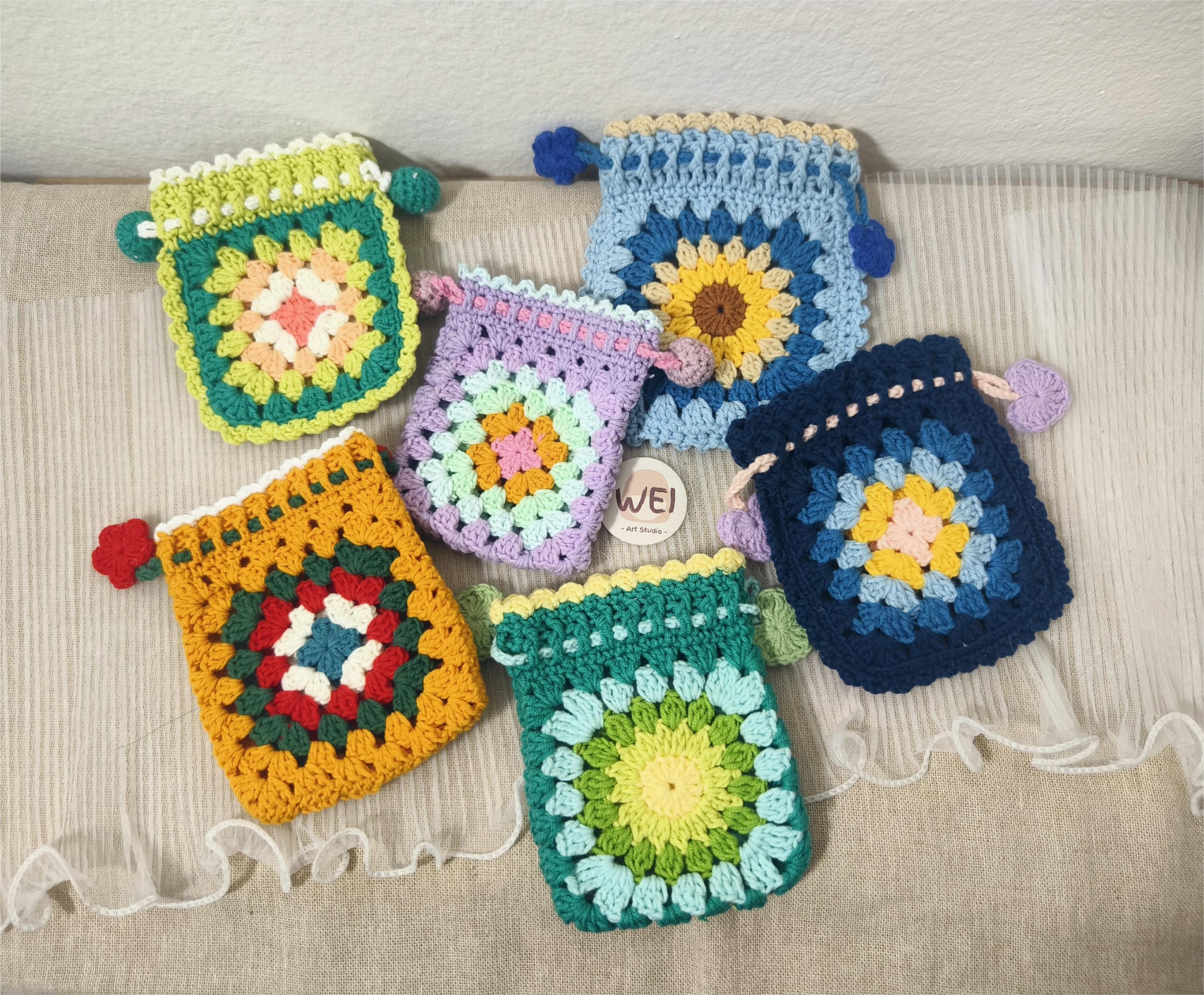 Crochet Modern Granny Square Purse, Granny Square Flower Drawstring Bag ...