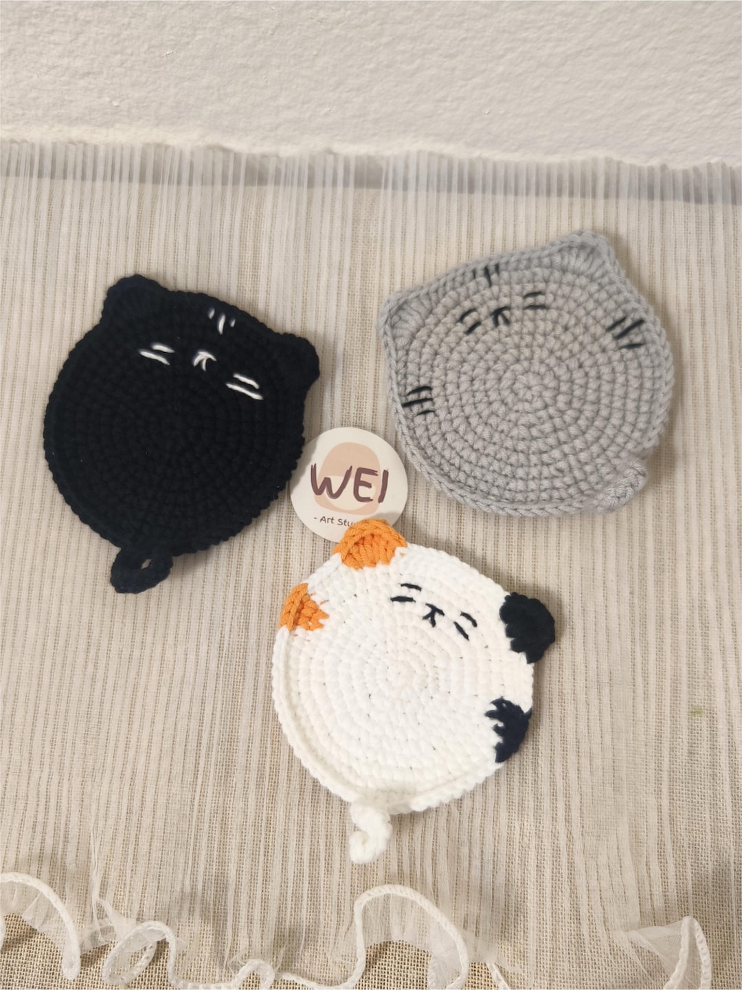 Crochet Cat Coaster, Crochet Cat Cup Mats, Set of 3, Houesewarming Gift ...