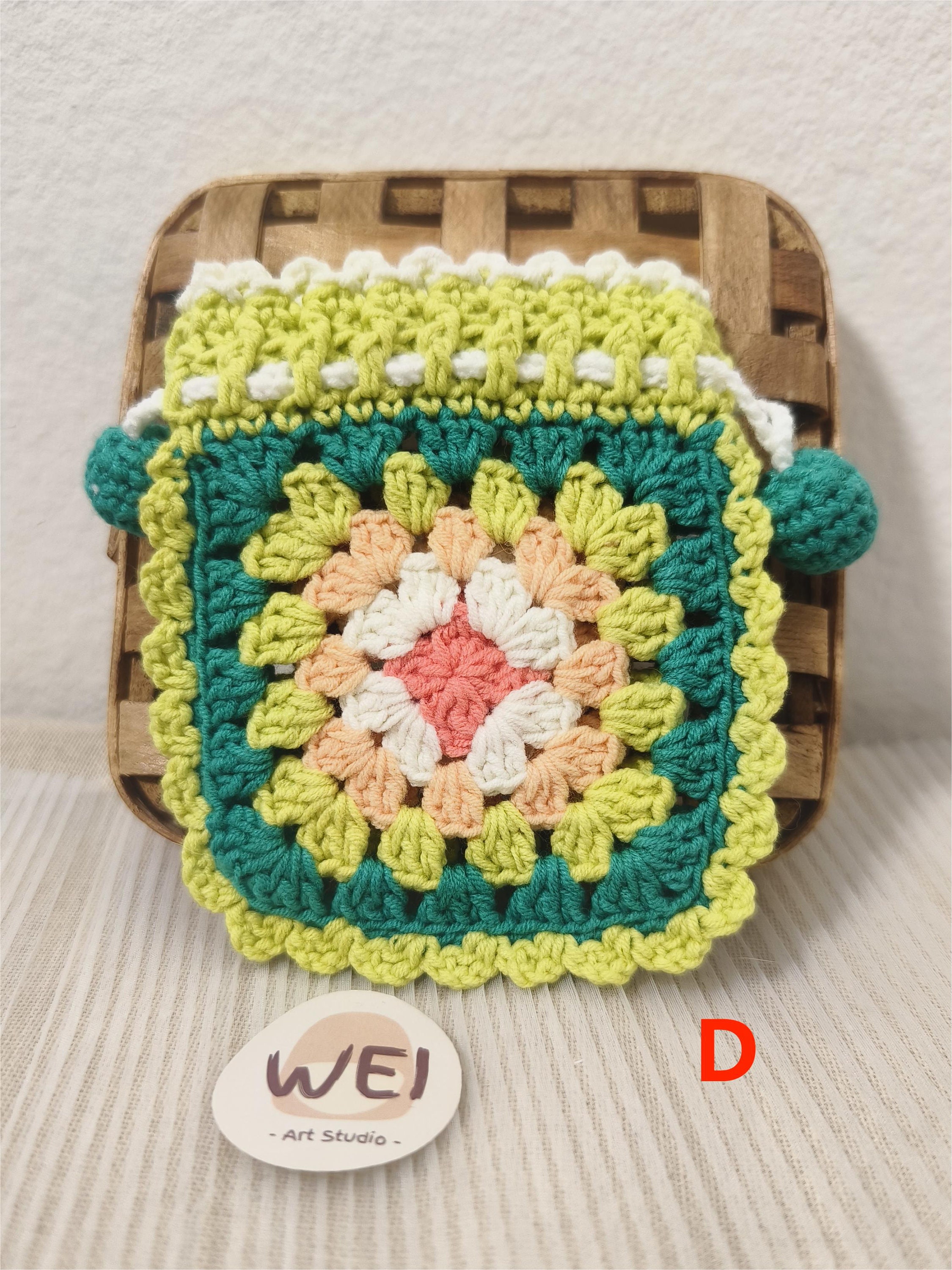 Crochet Modern Granny Square Purse, Granny Square Flower Drawstring Bag ...