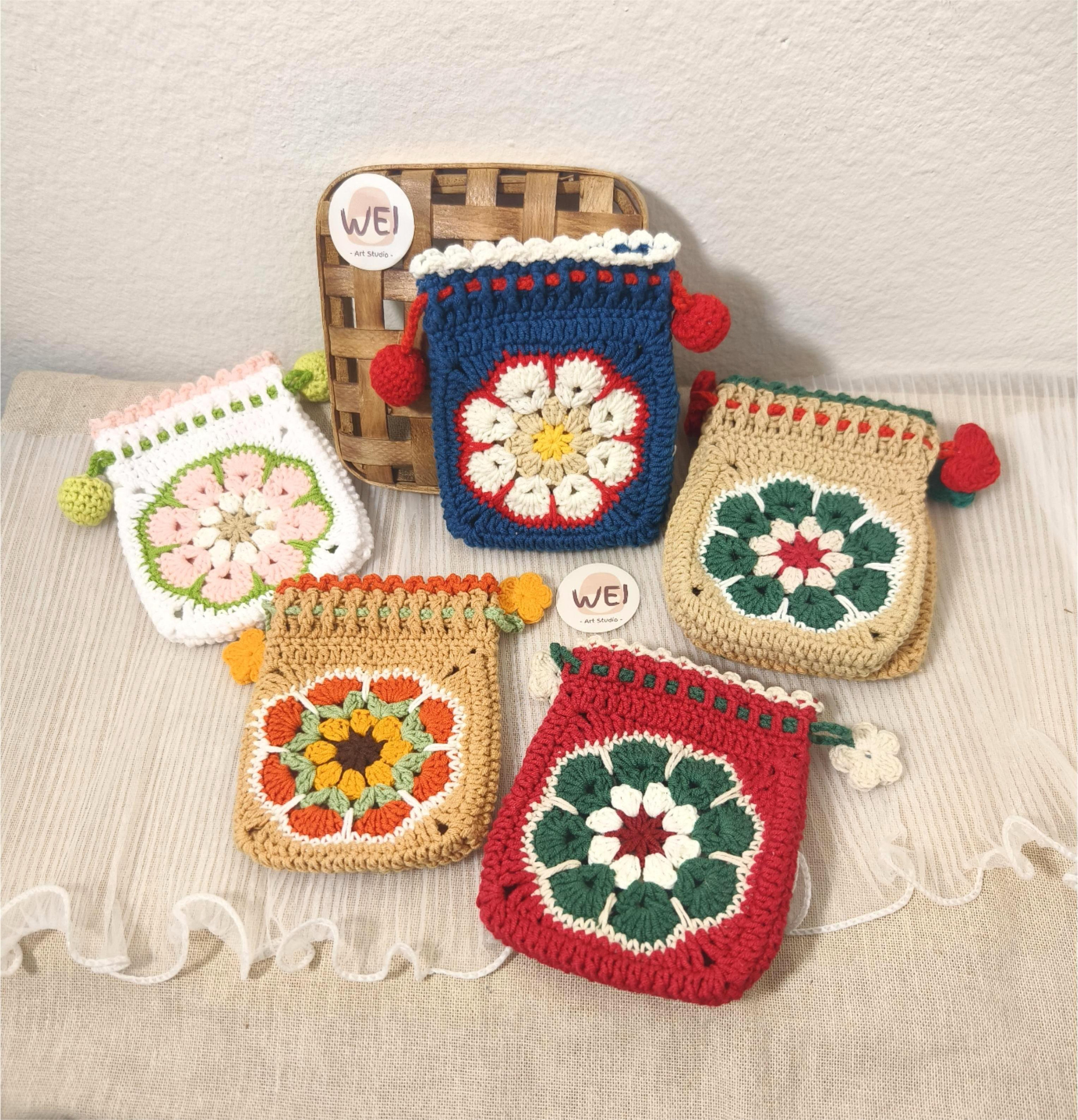 Crochet Modern Granny Square Purse, Granny Square Flower Drawstring Bag ...