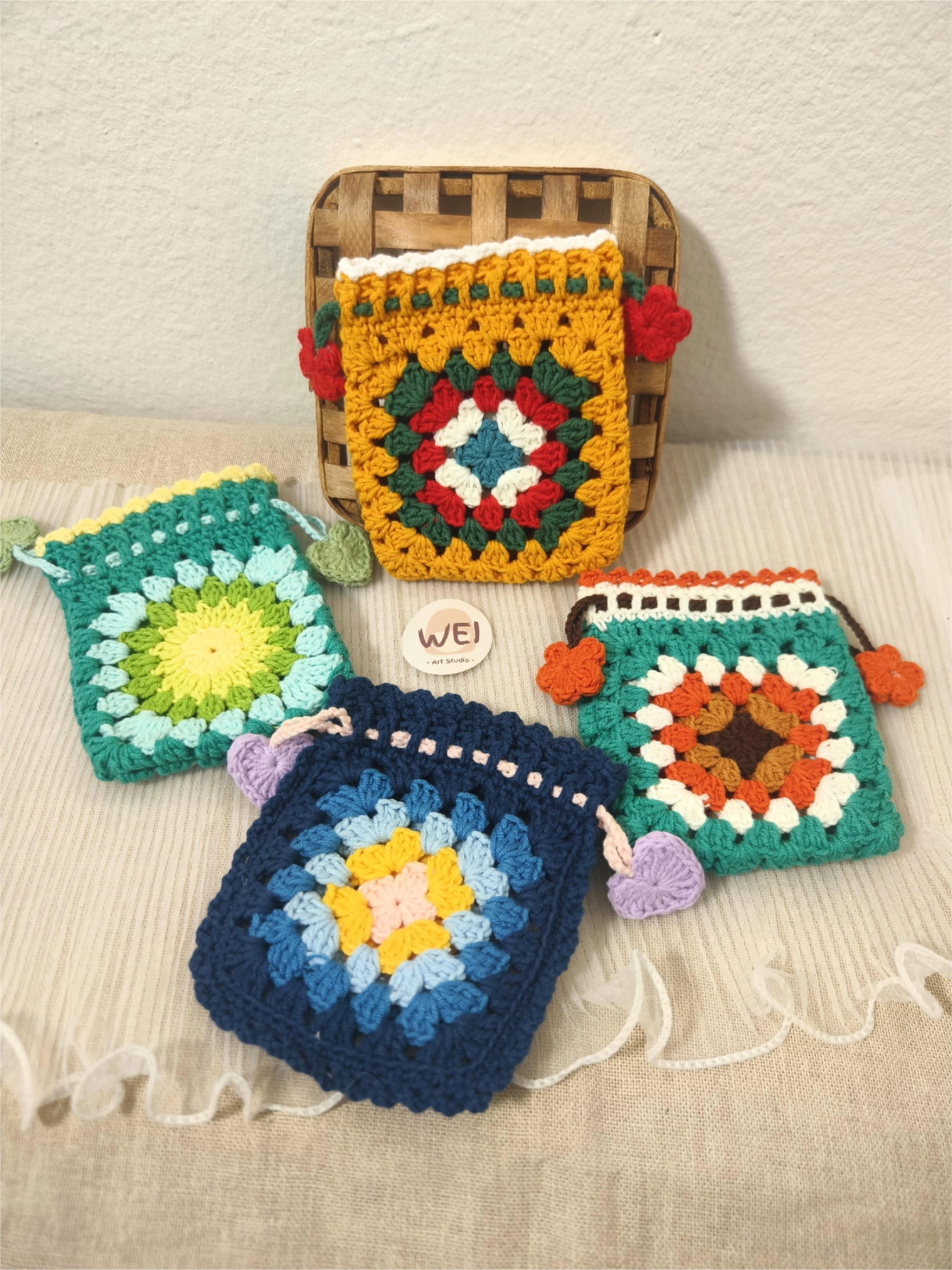 Crochet Modern Granny Square Purse, Granny Square Flower Drawstring Bag ...