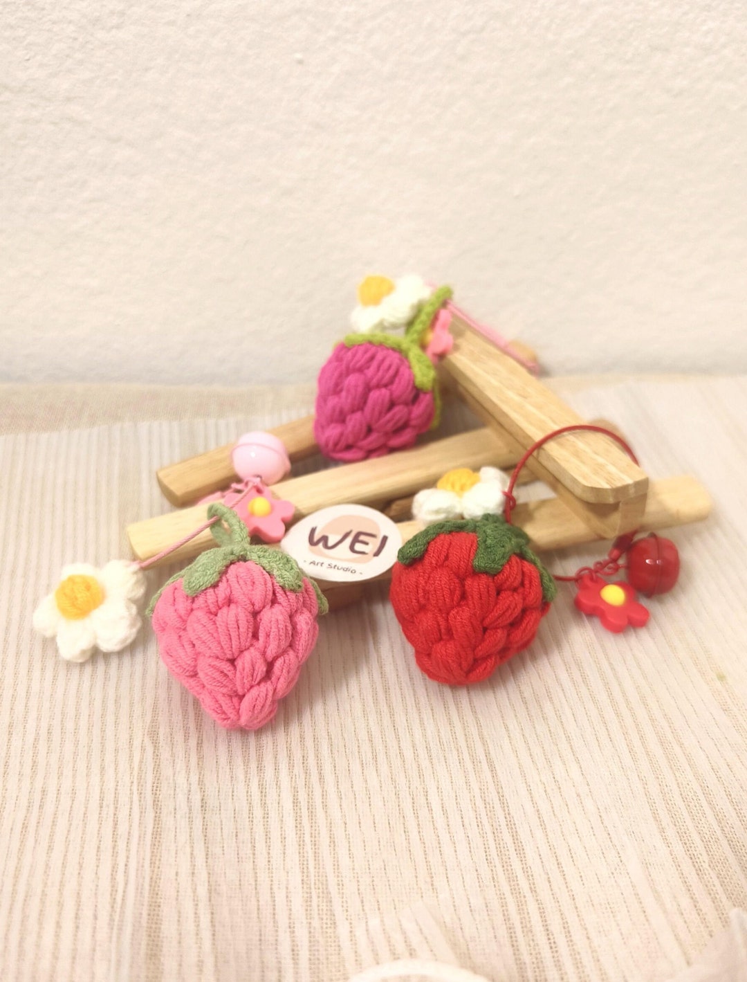 Crochet STRAWBERRY Keychain With Bell, Handmade Strawberry and Flower ...