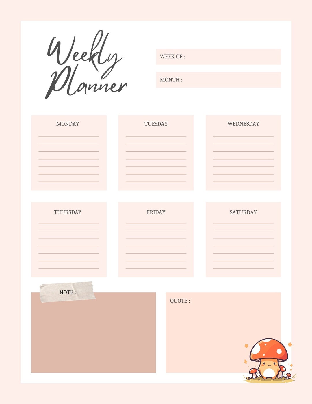 Cute Fall Mushroom Weekly Planner - Etsy
