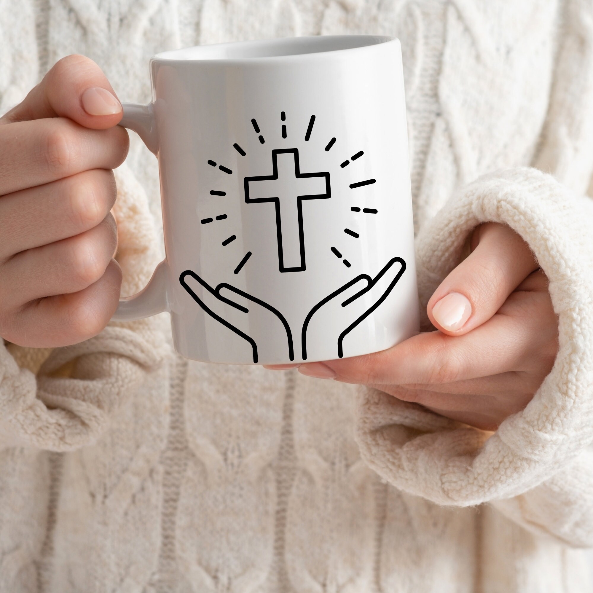 Christian Cross in Open Hands | Instant Downloads | Black & White ...