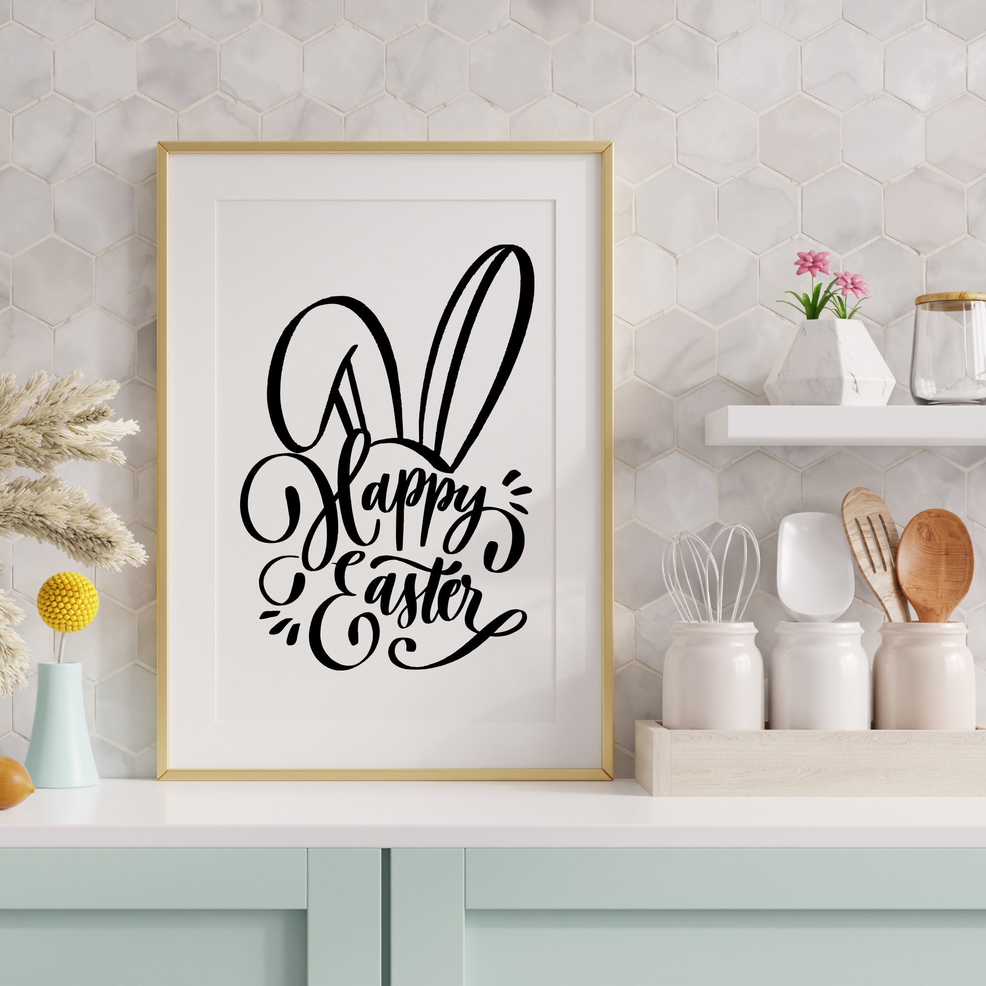Happy Easter | Spring Bunny Graphic Art | Black and White | Instant ...