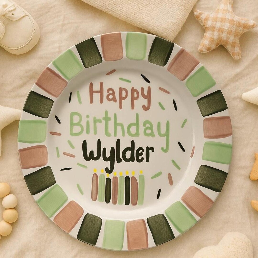 Personalized Green Smash Cake Plate: Hand-painted Ceramic First ...