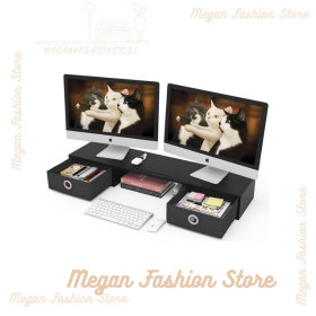 Wooden Dual Monitor Stand With Drawers Elevate Workspace With Solid ...