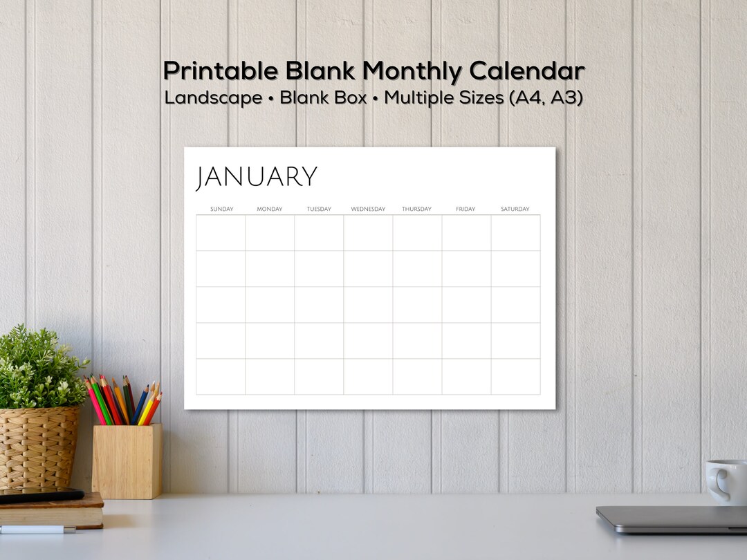 Blank Monthly Calendar, Landscape 2024 Calendar Printable, Sunday Start ...