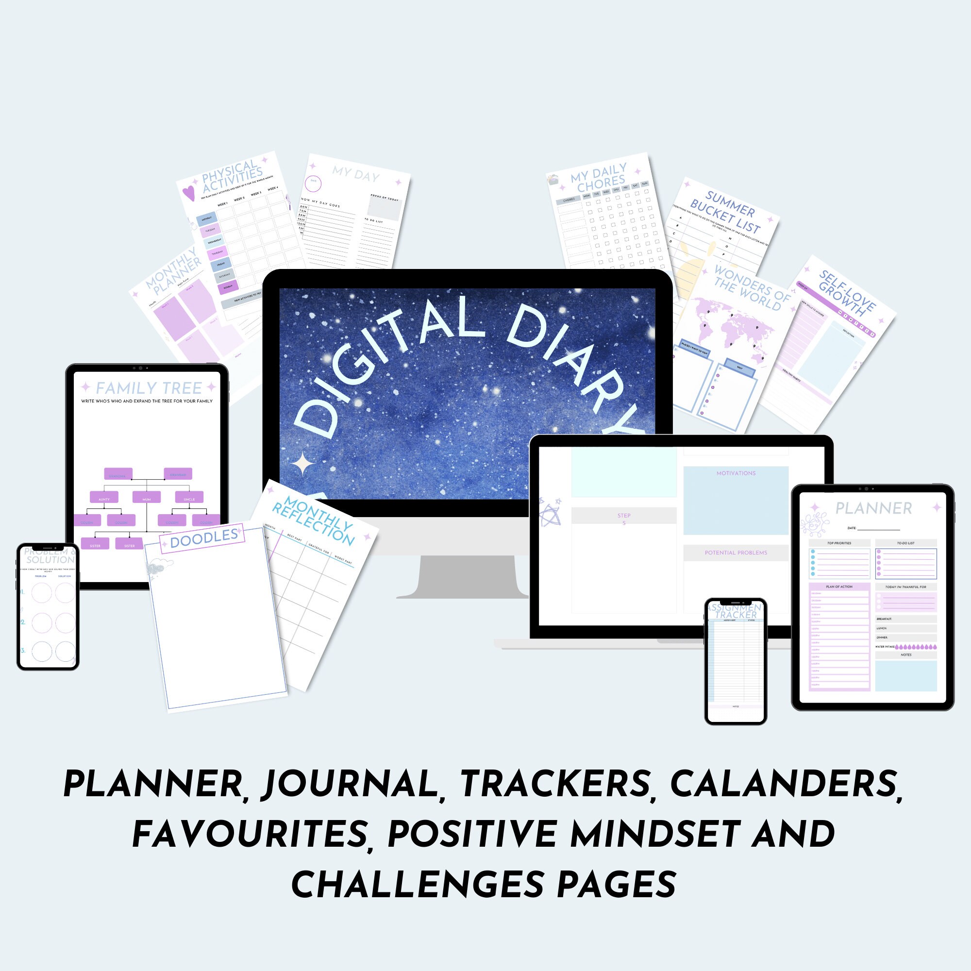 Digital Girls Planner and Journal With Trackers School & Home Life ...