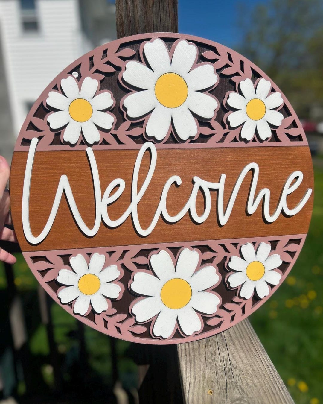 Floral Welcome Door Sign: Rustic Wood, Teal Daisies, 18" Front Door ...