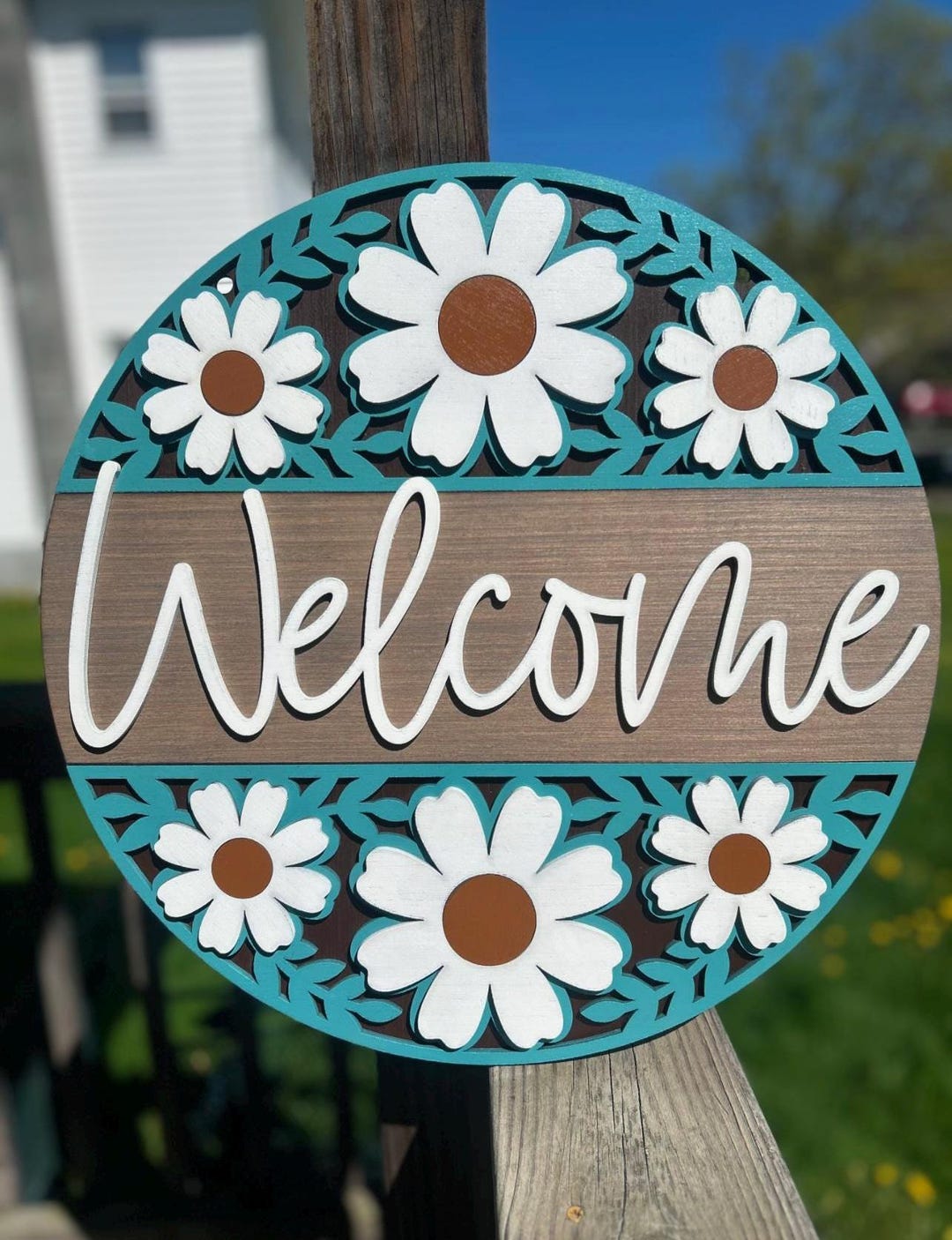 Floral Welcome Door Sign: Rustic Wood, Teal Daisies, 18" Farmhouse ...