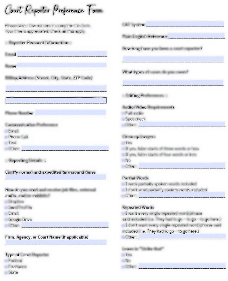 Basic PDF Court Reporter Preference Form - Etsy