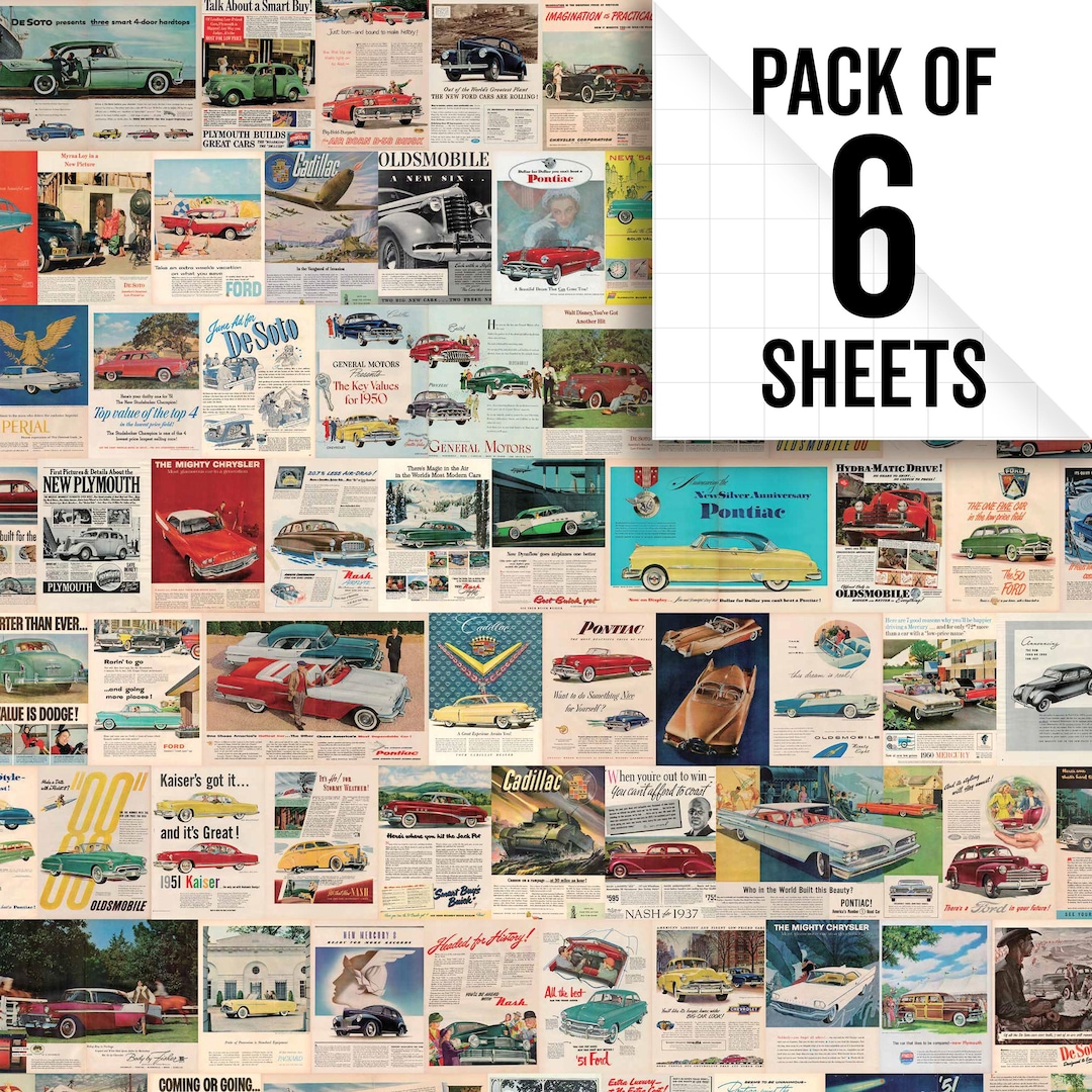 Vintage Car Ads Gift Wrap 20x28 Sheets pack of 6 Retro All Occasion ...