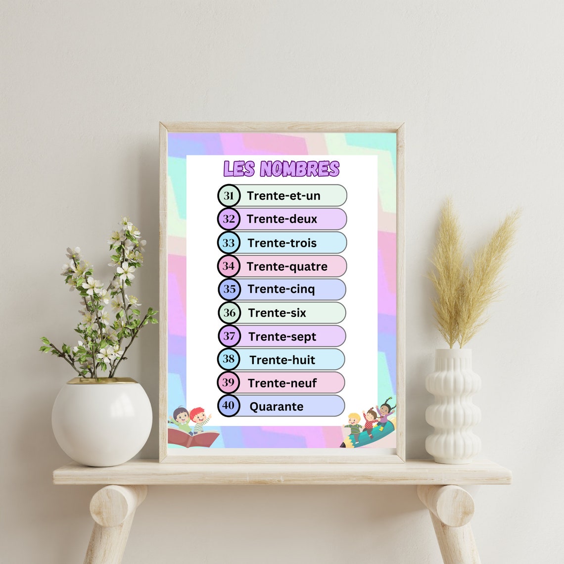 French Numbers 31 to 50 in Words Chart, Les Nombres 31 to 50 ...