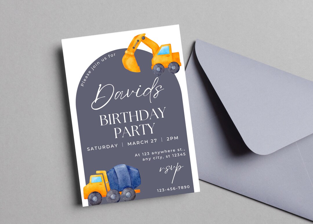 Editable Digger & Trucks Construction Birthday Party Invitation - Etsy