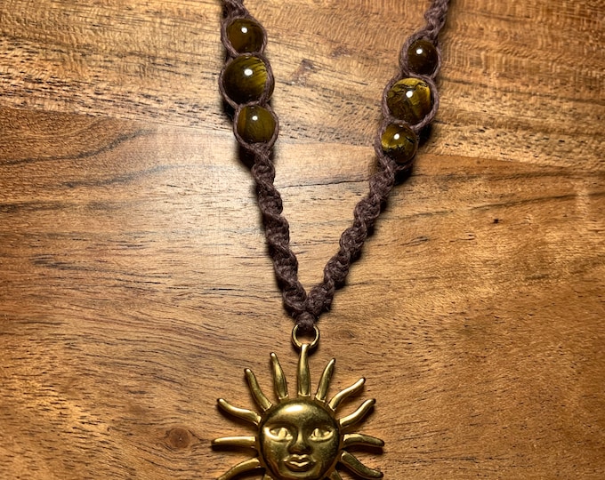 Hemp Macrame Sun Pendant Beaded Necklace Hippie & Boho Jewelry Crystal ...