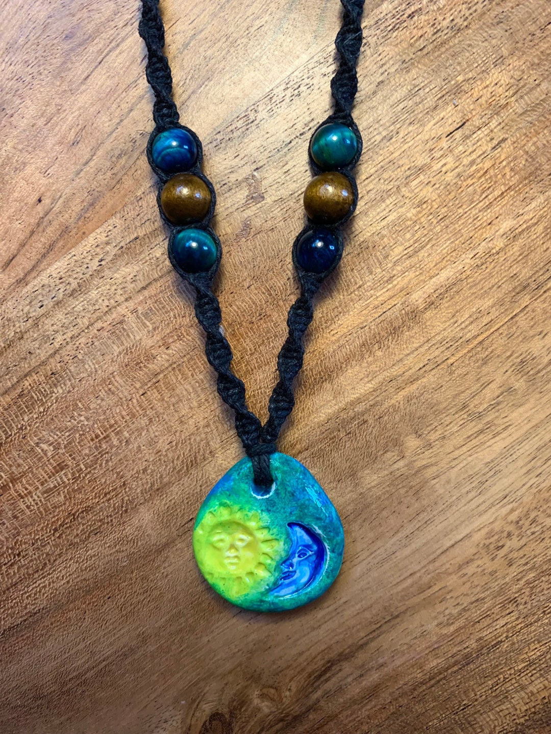 Hemp Macrame Sun & Moon Clay Pendant Necklace | Celestial Sun Moon ...