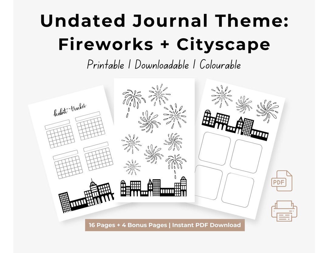 Undated Bullet Journal Fireworks and Cityscape Theme | Monthly and ...