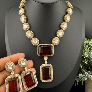 Premium Qlty Uncut Moissanite Kundan, Big Maroon/dark Red Glass Stone ...