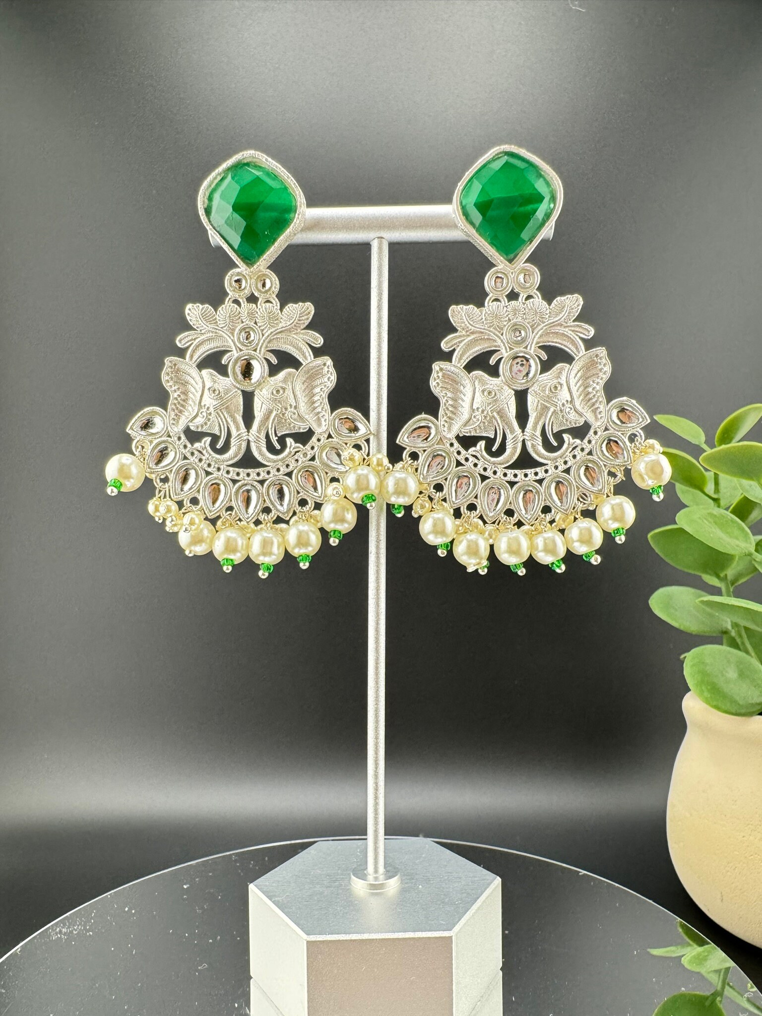 Silver Polish Premium Oxidized German Silver Chand Bali With Emerald ...