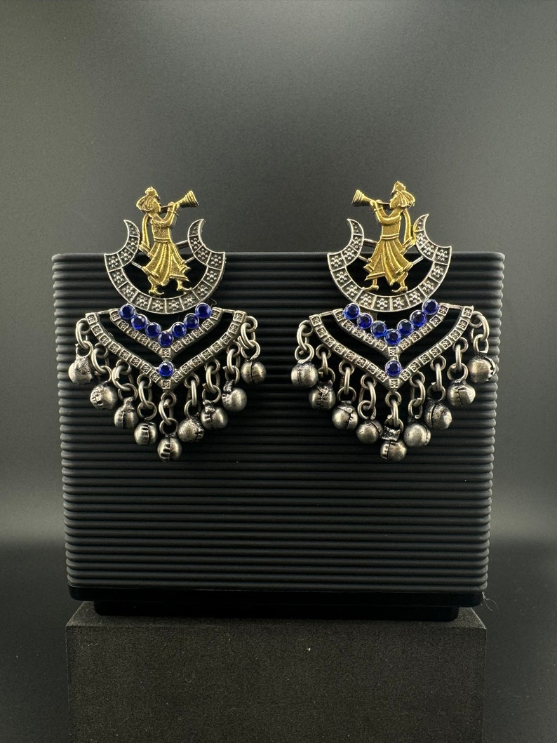 Silver Polish Oxidized German Silver Blue Chand Bali With Stones ...