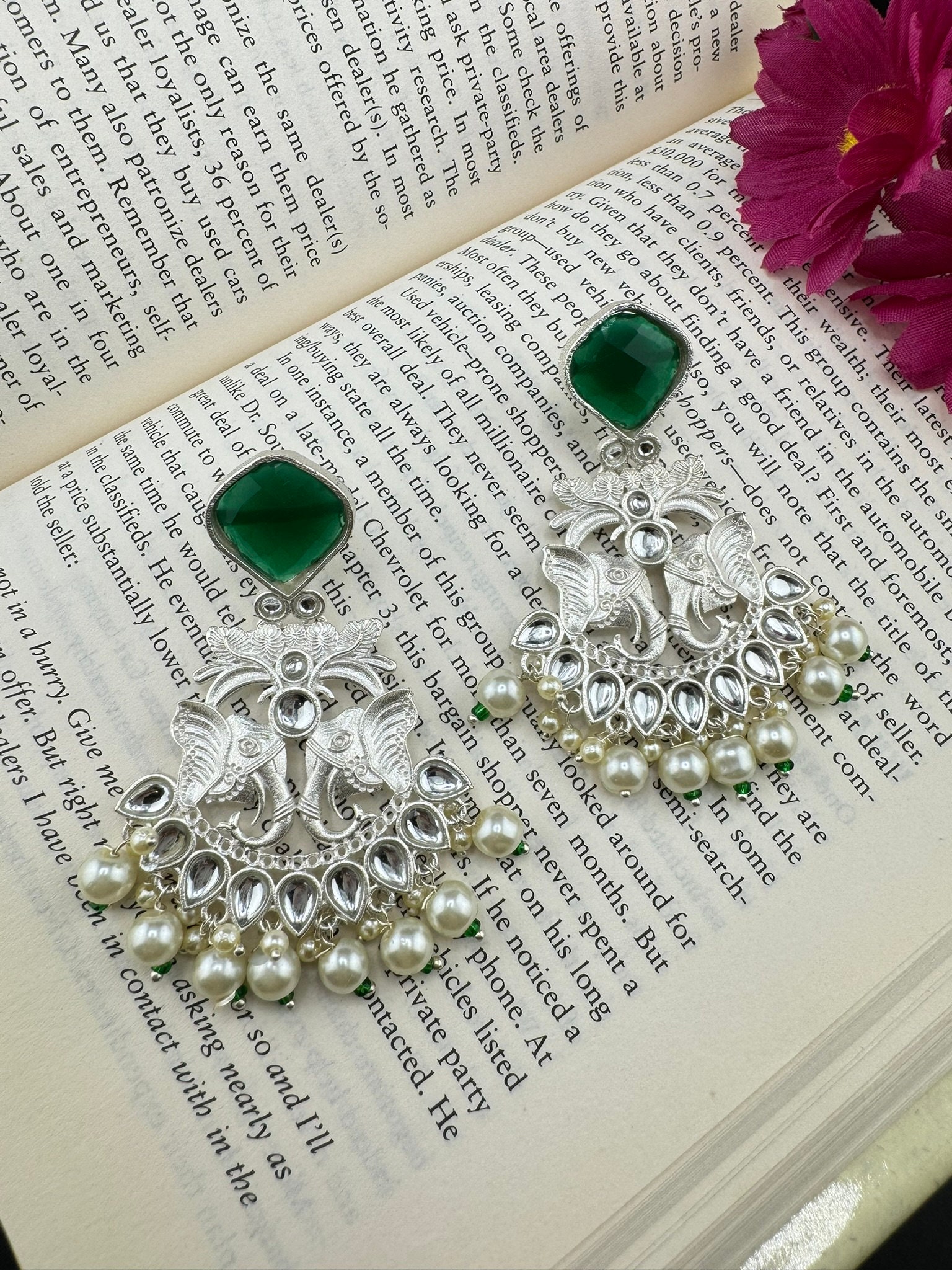 Silver Polish Premium Oxidized German Silver Chand Bali With Emerald ...