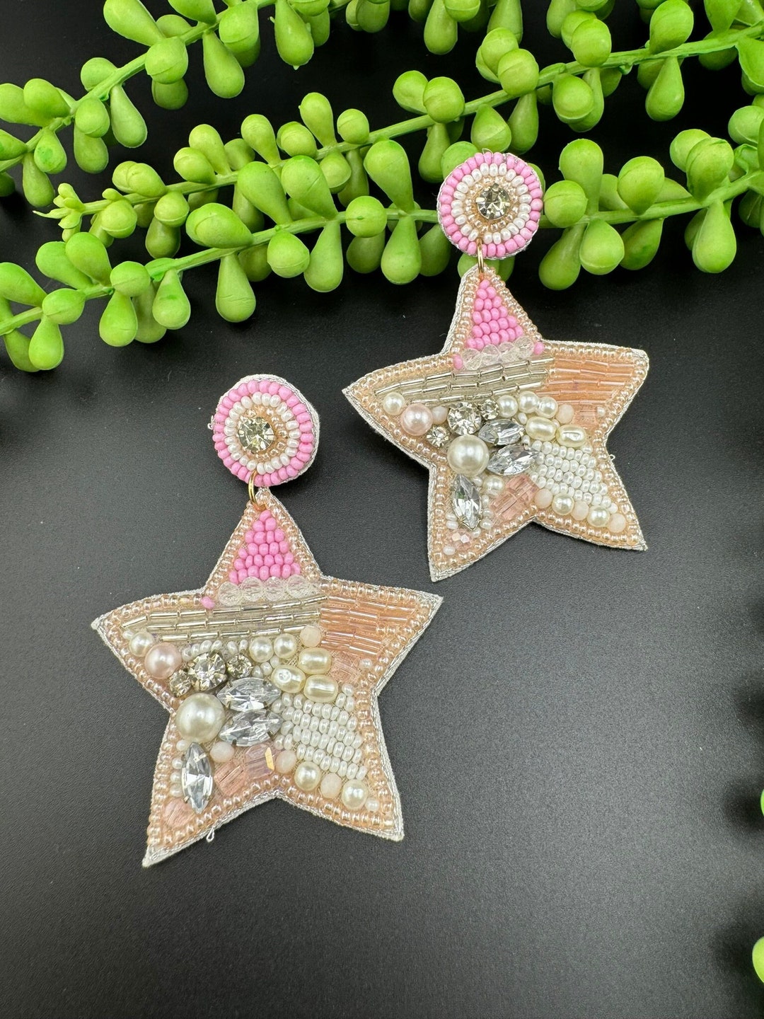 Beaded Baby Pink Glitter Star Quirky Earring/handmade Earring/statement ...