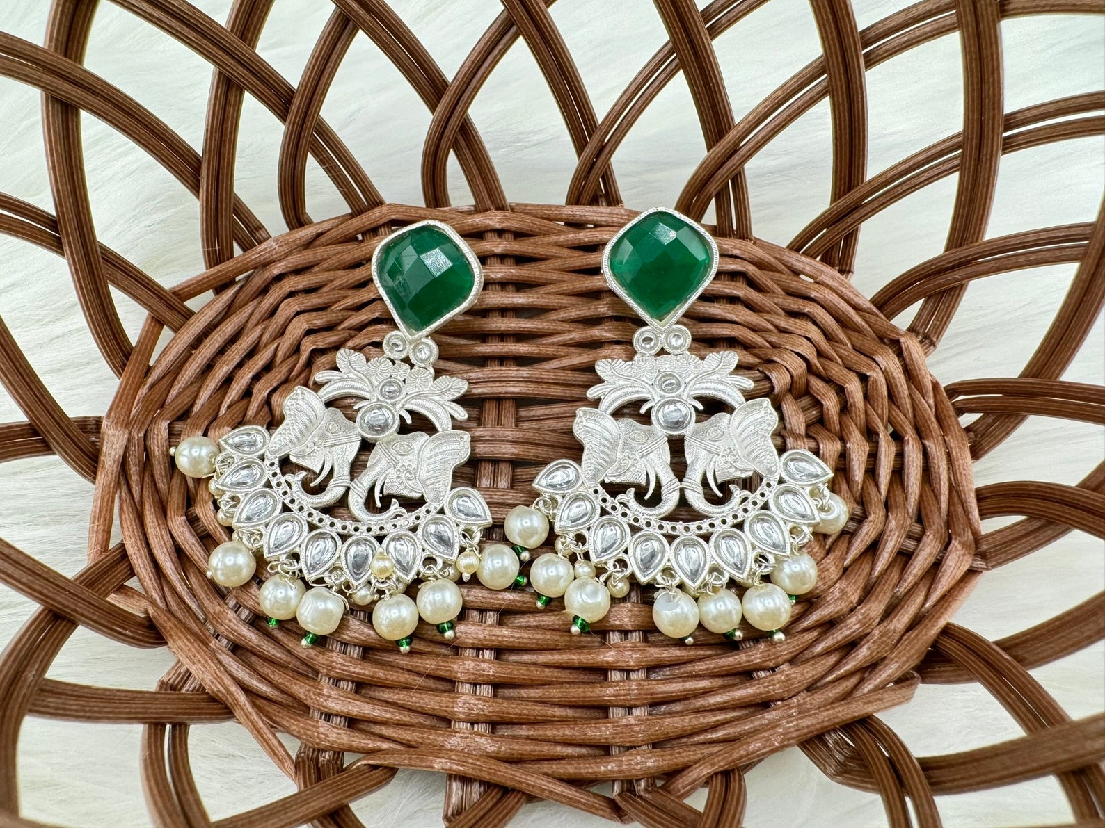 Silver Polish Premium Oxidized German Silver Chand Bali With Emerald ...