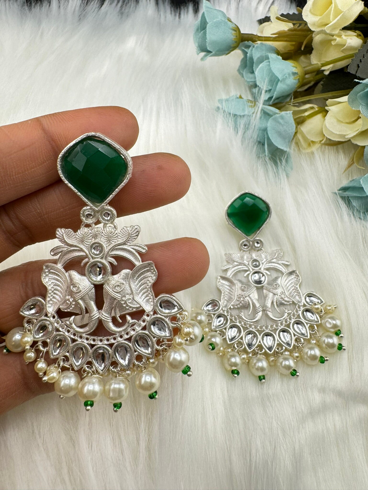 Silver Polish Premium Oxidized German Silver Chand Bali With Emerald ...