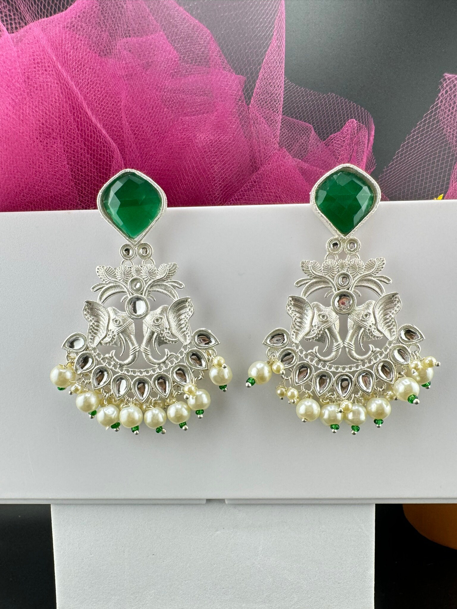 Silver Polish Premium Oxidized German Silver Chand Bali With Emerald ...