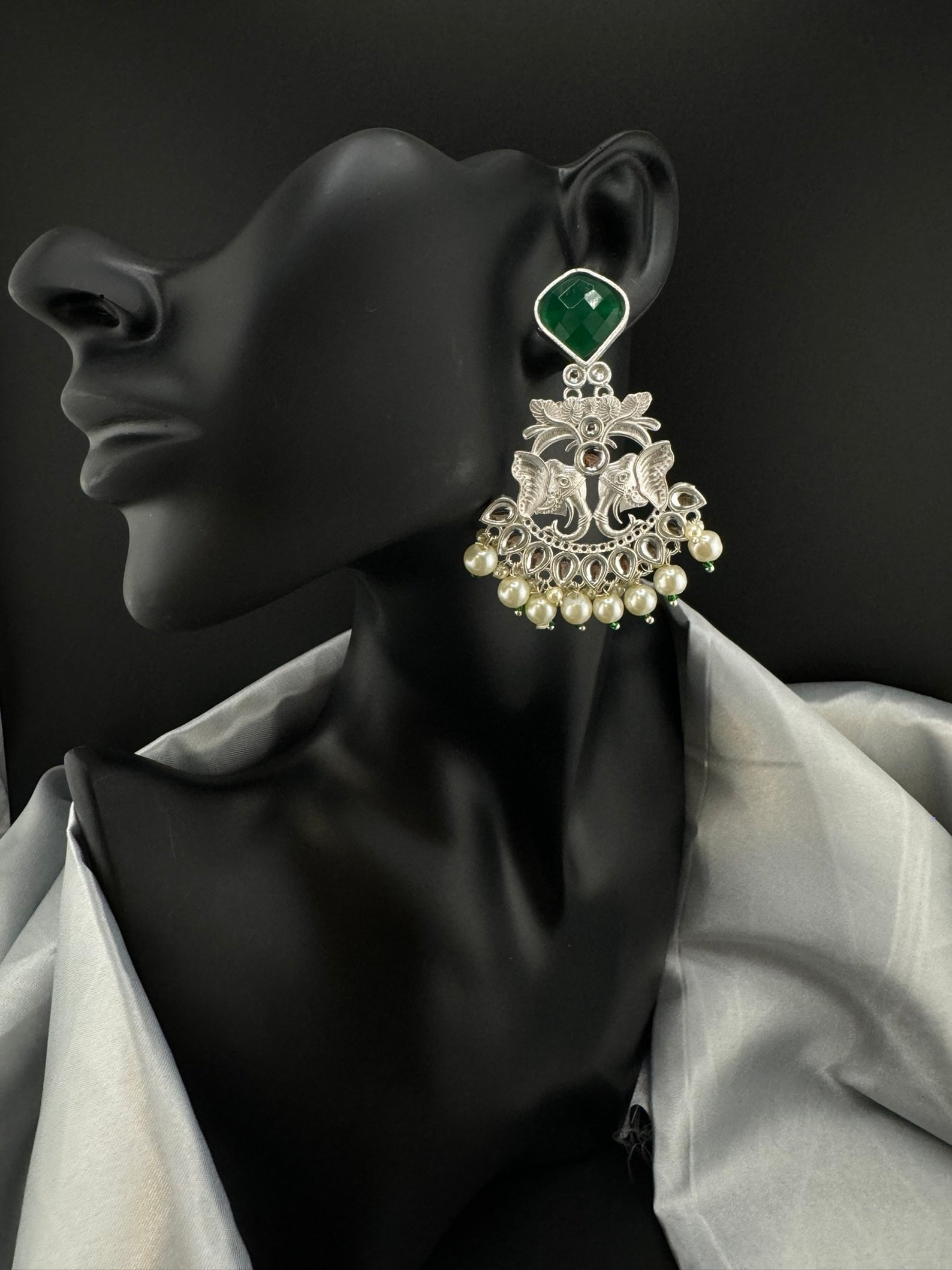 Silver Polish Premium Oxidized German Silver Chand Bali With Emerald ...