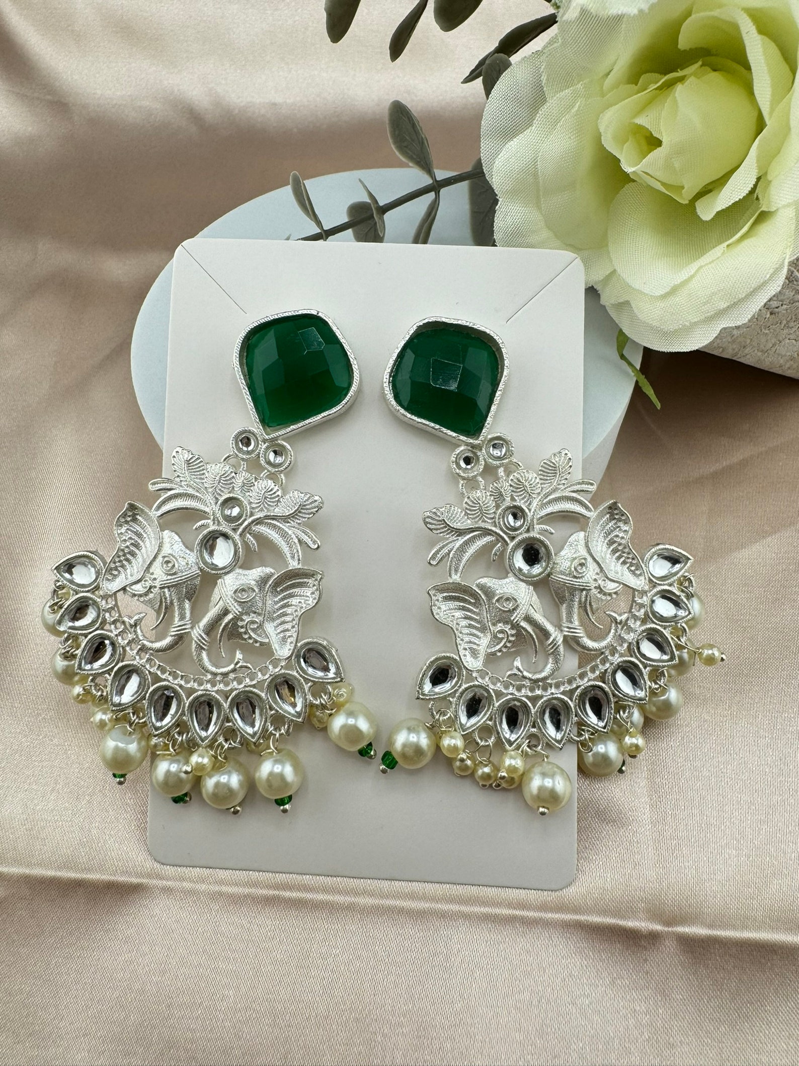 Silver Polish Premium Oxidized German Silver Chand Bali With Emerald ...