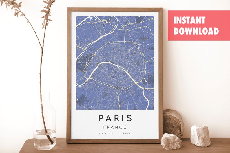 PARIS France Map Print | Map of Paris | Digital Wall Art | Paris City ...