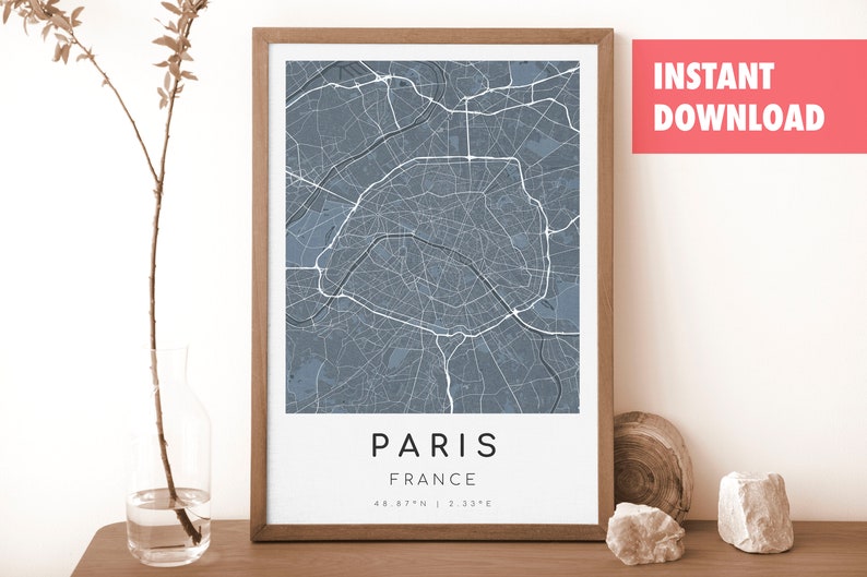 PARIS France Map Print | Map of Paris | Digital Wall Art | Paris City ...