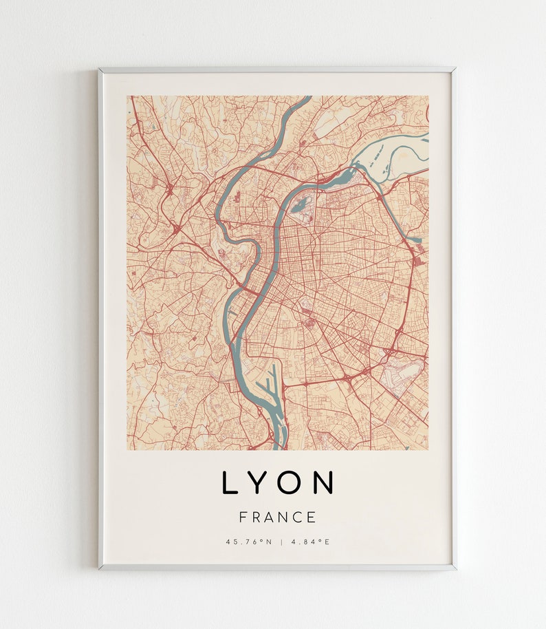 LYON Francia Mapa Impresión / Mapa de Lyon / Arte de pared digital ...