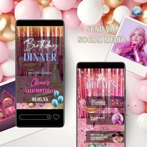 Digital Pink Glitter Birthday Invitation, Dinner Party Invite, Editable ...