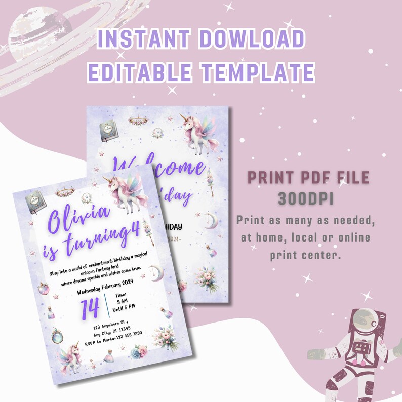 EDITABLE BUNDLE Unicorn Birthday Invitation Canva-editable Template ...