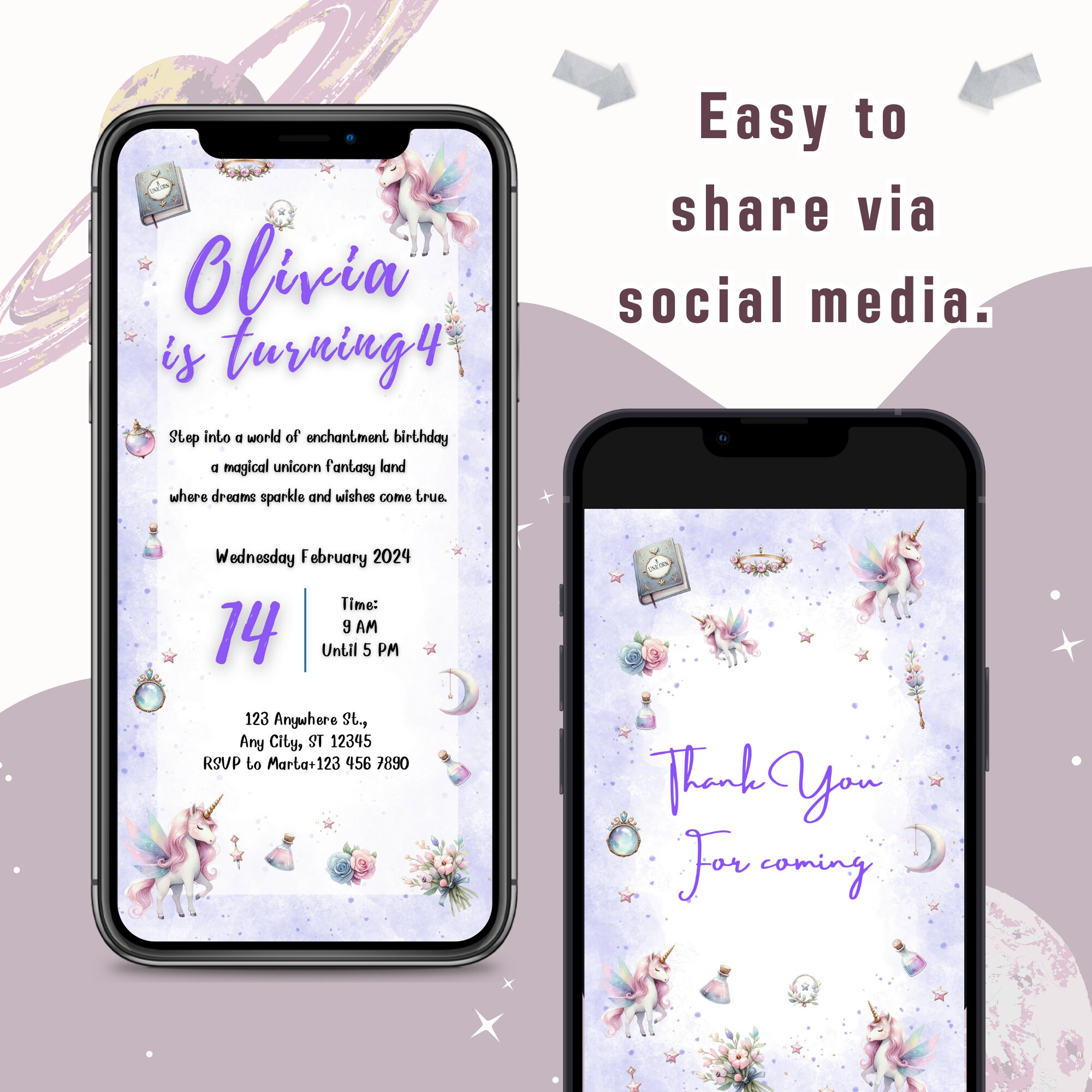 EDITABLE BUNDLE Unicorn Birthday Invitation Canva-editable Template ...