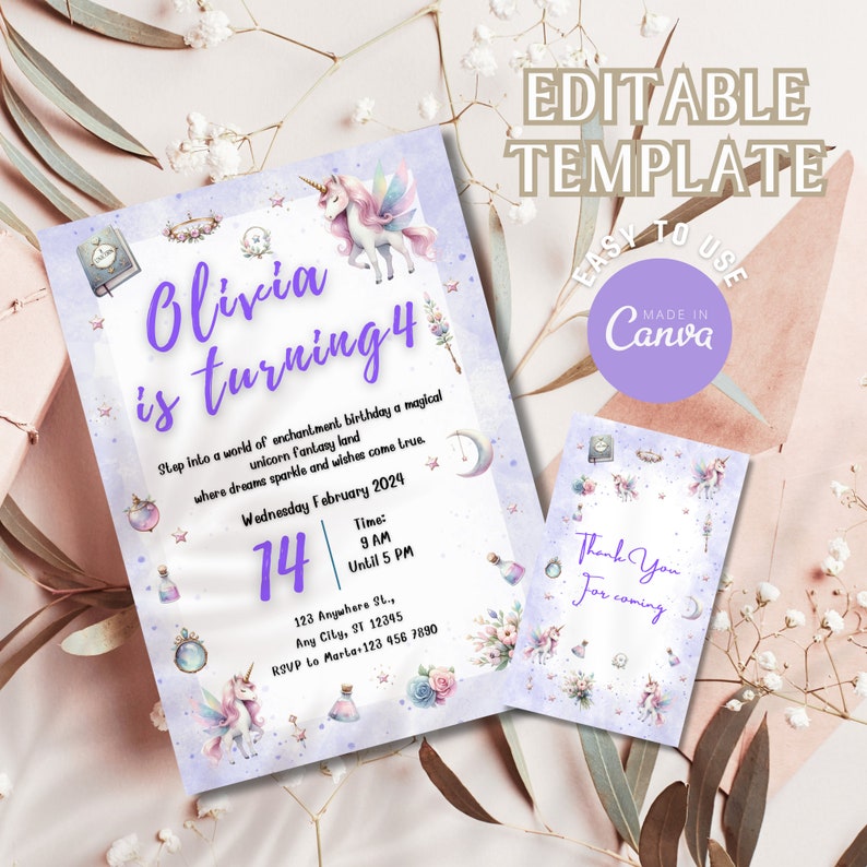 EDITABLE BUNDLE Unicorn Birthday Invitation Canva-editable Template ...